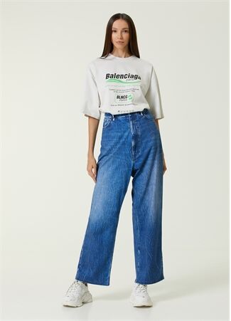 Balenciaga Kadın Trompe Loeil Wide Leg Mavi Pantolon S EU