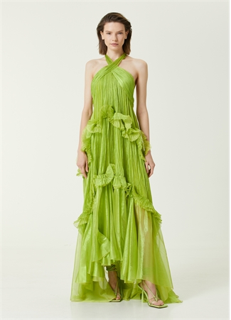 Maria Lucia Hohan Kadın Zadie Yeşil Fırfırlı Drapeli Maxi İpek Abiye Elbis 34 FR