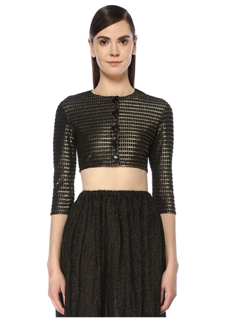 Lisa Marie Fernandez Kadın Siyah Gold Truvakar Kollu Crop Bluz S EU