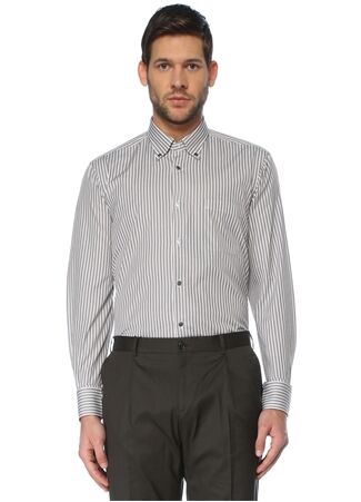 Pal Zileri Erkek Polo Yaka Çizgili Cep Detaylı Gömlek Beyaz 40 IT