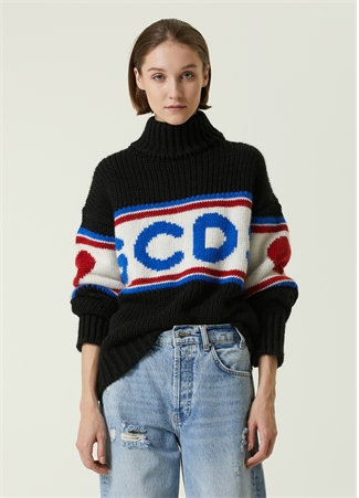 Gcds Kadın Siyah Balıkçı Yaka Logolu Yün Kazak XS EU