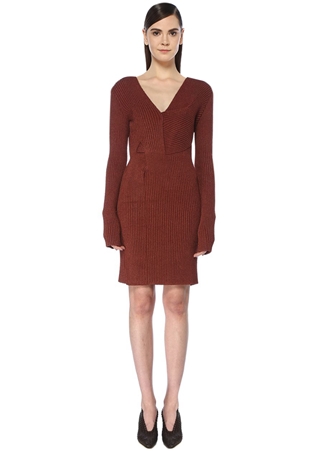 Bottega Veneta Kadın Kiremit V Yaka Ribanalı Mini İpek Elbise Kırmızı 42 IT