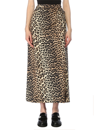 Ganni Kadın Yüksek Bel Leopar Desenli Midi Poplin Etek Kahverengi 36 FR