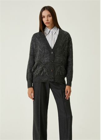 Brunello Cucinelli Kadın Koyu Gri İşleme Detaylı Hırka M EU