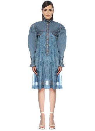 Philosophy di Lorenzo Serafini Kadın Mavi Fırfırlı Yaka Detaylı Midi Elbise 40 IT