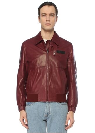 Salvatore Ferragamo Erkek Bordo Polo Yaka Deri Mont 48 IT