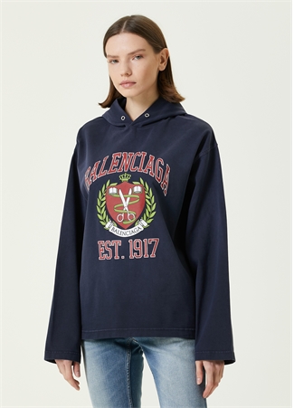 Balenciaga Kadın Lacivert Kapüşonlu Logolu Sweatshirt 2 US Balenciaga Kadın Lacivert Kapüşonlu Logolu Sweatshirt 2 US