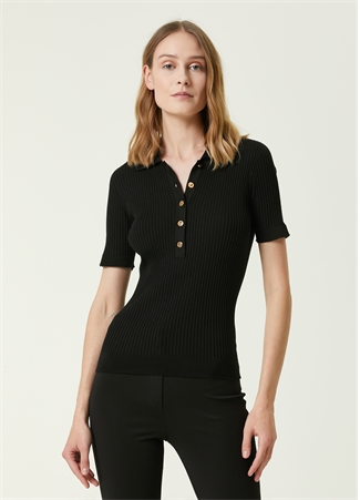 Versace Kadın Siyah Polo Yaka Kısa Kol İpek Triko 42 IT