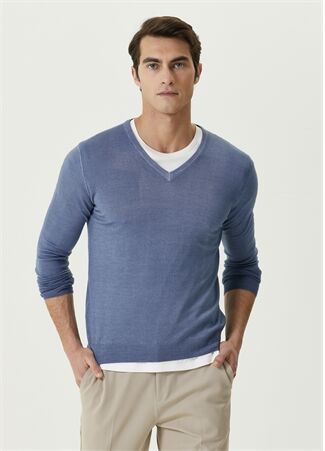 Pal Zileri Erkek Mavi V Yaka Yün Kazak 54 It