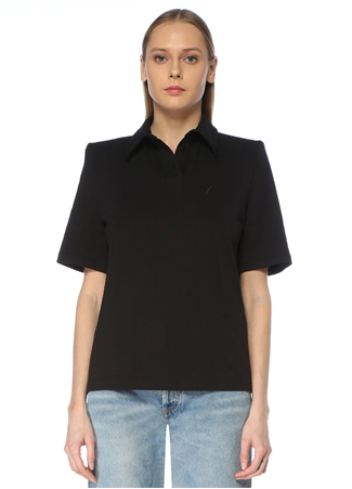 The Attico Kadın Siyah Polo Yaka Omzu Vatkalı T-shirt 40 IT