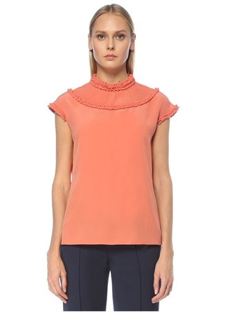 Fendi Kadın Turuncu Dik Yaka Fırfırlı Kısa Kol İpek Bluz 40 IT