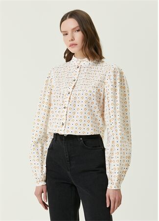 Faraway Kadın Darcy Nal Desenli Organik Pamuk Bluz Beyaz 34 EU