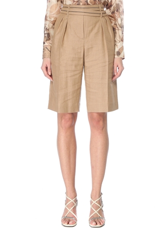 Brunello Cucinelli Kadın Bej Beli Kemerli Pilili Mini Şort 42 IT
