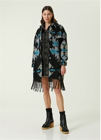 Frontstreet 8 Kadın Siyah Etnik Desenli Püsküllü Ceket 42 IT