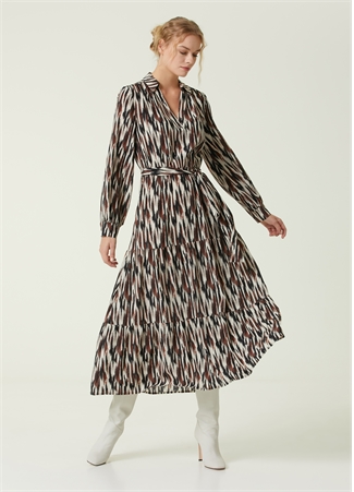 Beymen Collection Kadın V Yaka Desenli Midi İpek Elbise Kahverengi 34