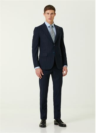 Isaia Erkek Lacivert Çizgi Desenli Yün Takım Elbise 54 IT