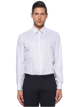 Pal Zileri Erkek Beyaz Kareli Modern Yaka Gömlek Mavi 38 IT