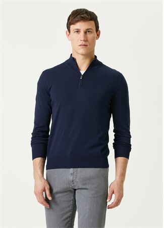 Canali Erkek Lacivert Dik Yaka Fermuarlı Kazak 48 IT