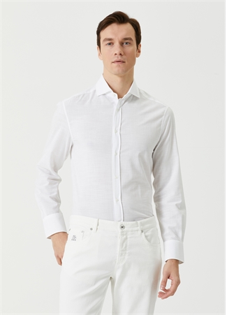 Brunello Cucinelli Erkek Slim Fit Beyaz Oxford Gömlek S EU