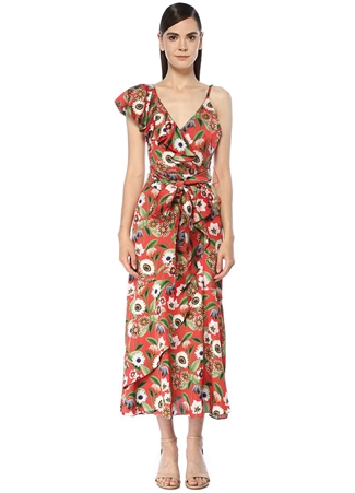 Borgo De Nor Kadın Isadora Kırmızı Çiçekli Asimetrik Midi İpek Elbise 0 US