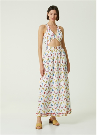 Gül Hürgel Kadın Beyaz Çiçek Desenli Midi Keten Elbise S EU