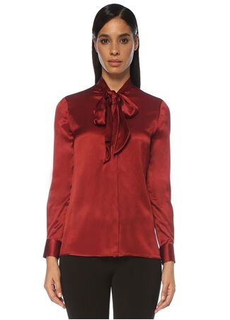 Kadın Kiremit Yakası Bağcıklı İpek Gömlek Kırmızı 36 IT