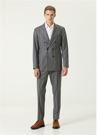 Brunello Cucinelli Erkek Gri Çizgi Desenli Yün Takım Elbise 48 IT