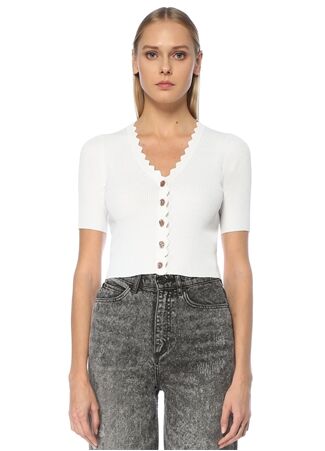 Sandro Kadın Beyaz V Yaka Kısa Kol Crop Triko 0 US