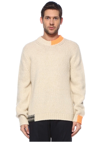 Helmut Lang Erkek Krem Çizgi Dokulu Yün Kazak Beyaz M EU