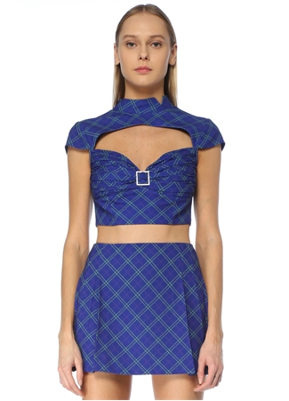 Cup of Stars Kadın Carin Mavi Kareli Dekolteli Crop Bluz 34 EU