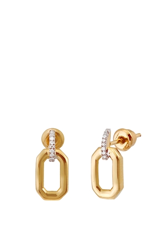 Baguette Kadın Altıgen Formlu Pırlanta Detaylı Altın Rengi Küpe EU