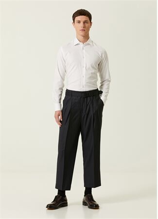 Pal Zileri Erkek Lacivert Çizgili Beli Kemerli Yün Pantolon 48 IT