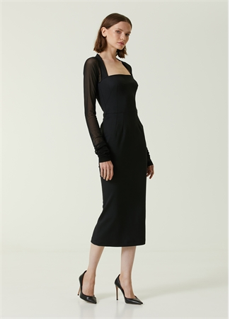 Dolce&Gabbana Kadın Siyah Kare Yaka Tül Garnili Midi Elbise 46 IT