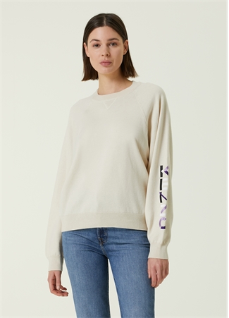 Kenzo Kadın Ekru Bisiklet Yaka Logolu Yün Kazak Bej S EU Kenzo Kadın Ekru Bisiklet Yaka Logolu Yün Kazak Bej S EU