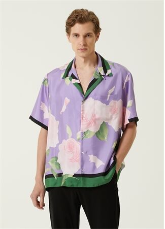 Valentino Erkek Lila Kamp Yaka Çiçek Desenli İpek Gömlek Mor 46 IT