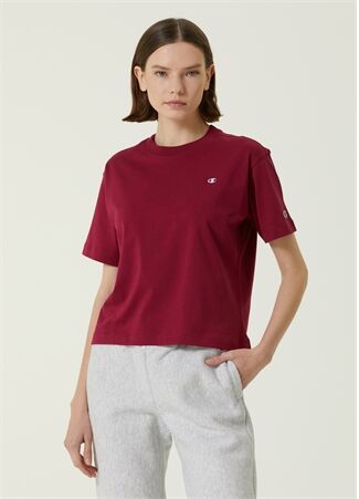 Champion Kadın Bordo Logo Nakışlı Bisiklet Yaka T-shirt XS EU