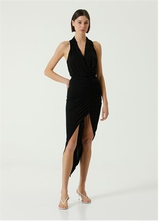 Helmut Lang Kadın Siyah Büzgülü Yırtmaç Detaylı Midi Etek M EU