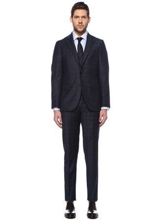 Boglioli Erkek Lacivert Kareli Kelebek Yaka Yün Takım 50 IT