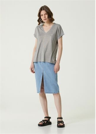 Network Kadın Basic Fit Gri Melanj V Yaka T-shirt L EU