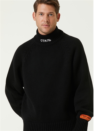 Heron Preston Erkek Siyah Balıkçı Yaka Kontrast Nakışlı Yün Kazak S EU