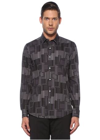 Pal Zileri Erkek Antrasit Modern Yaka Geometrik Desenli Gömlek Gri 4 IT