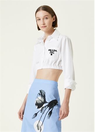 Prada Kadın Beyaz Logo Detaylı Cropped Deri Gömlek 42 IT