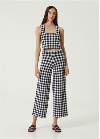 Staud Kadın Lacivert Kareli Bol Paça Pantolon XS EU