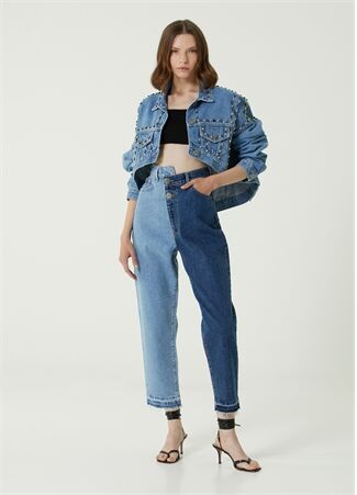 Mirela Cerica Kadın Mavi Renk Bloklu Jean Pantolon Lacivert 36 EU