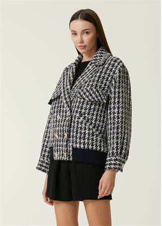 Sandro Kadın Siyah Kazayağı Desenli Kruvaze Tweed Kaban 42 FR