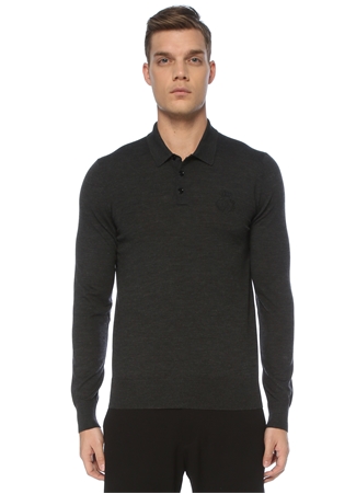 Dolce&Gabbana Erkek Antrasit Polo Yaka Uzun Kol Yün T-shirt Siyah 46 IT