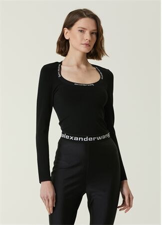 T by Alexander Wang Kadın Siyah U Yaka Logo Bantlı Kazak XS EU