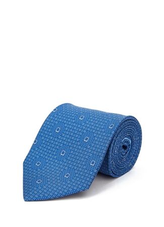 Salvatore Ferragamo Erkek Mavi Mikro Desenli İpek Kravat EU