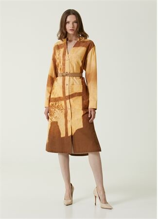 Fendi Kadın Bej V Yaka Kemerli Midi Elbise 40 IT