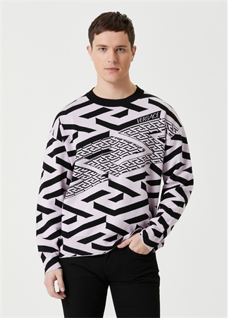 Versace Erkek Siyah Beyaz Logo Desenli Kazak Pembe 52 IT